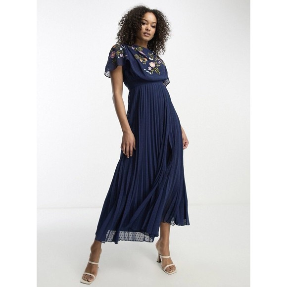 ASOS | Dresses | Asos Midi Pleated Blue Chiffon Dress Embroidered ...